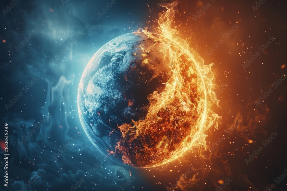 illustration of the divided Earth One half being burned by searing ...