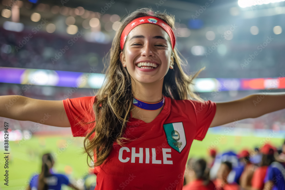 Chilean football soccer fans in a stadium supporting the national team ...