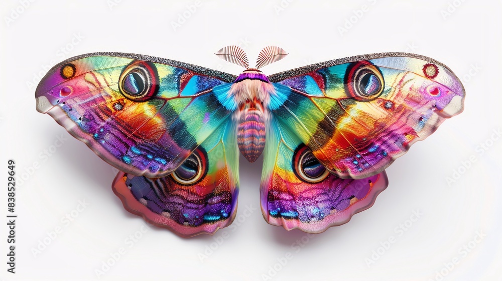 Polyphemus Moth featuring iridescent rainbow spots on its open wings ...