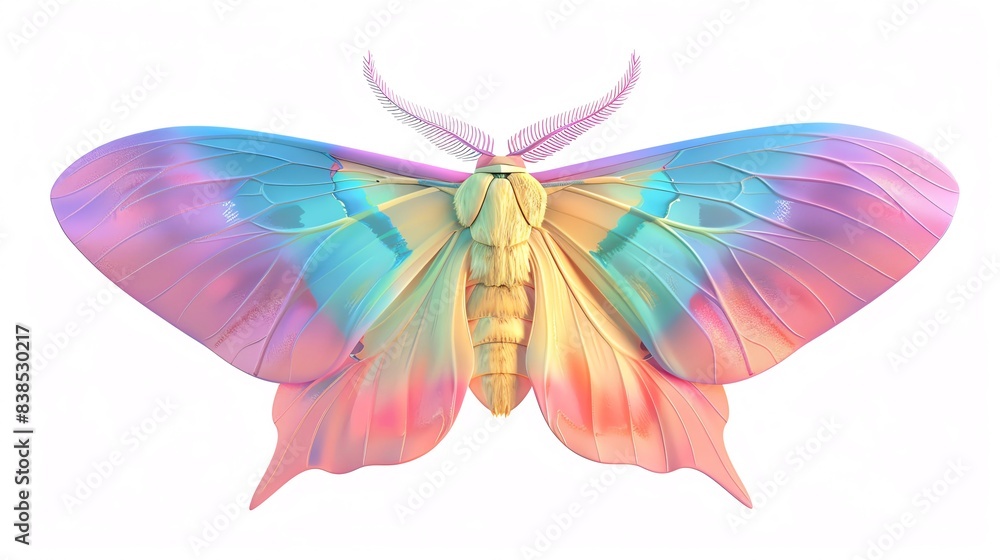 Rosy Maple Moth in a blend of rainbow colors with wings spread ...