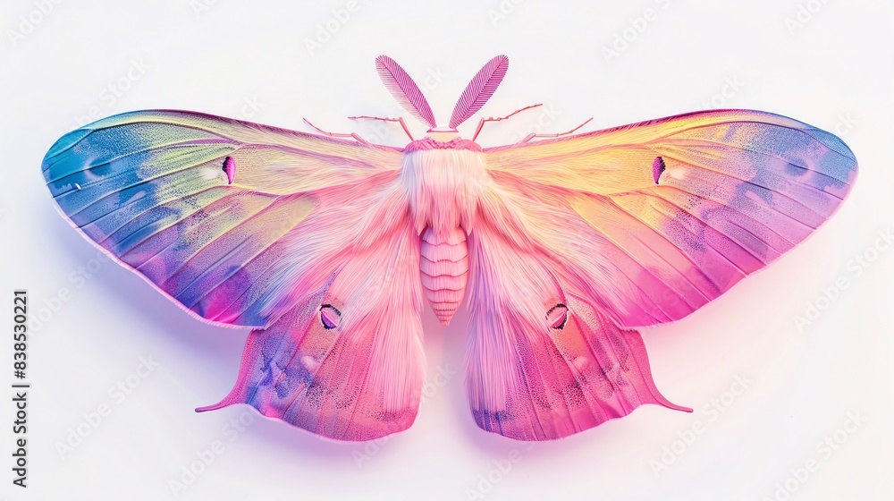 Rosy Maple Moth in a blend of rainbow colors with wings spread ...