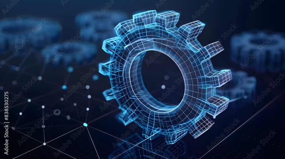 Vector wireframe illustration of a gear on a dark blue background ...