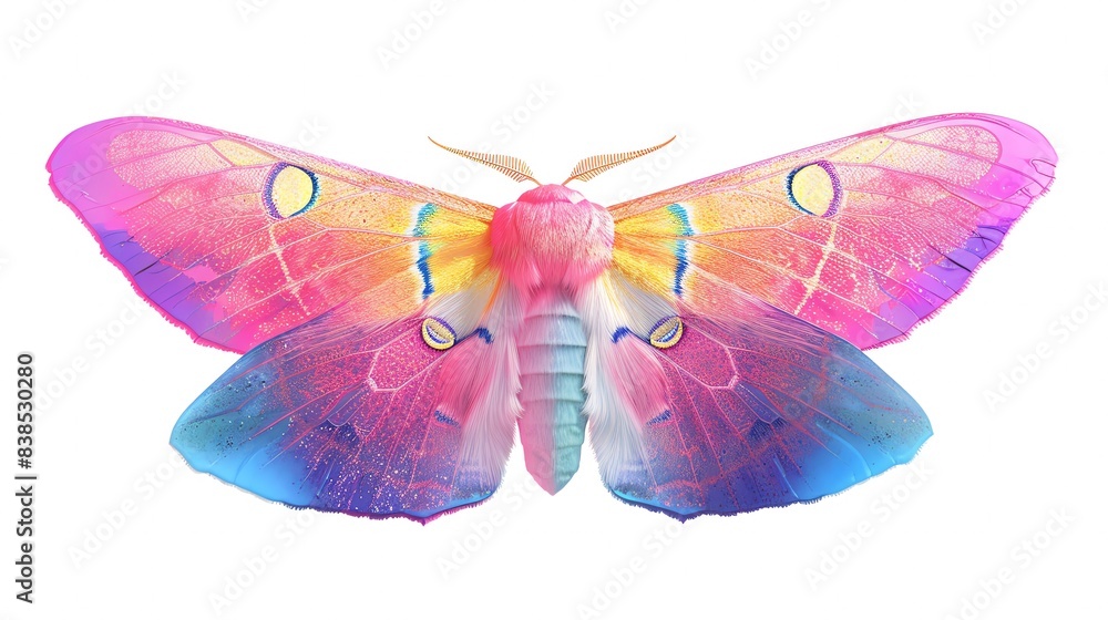 Rosy Maple Moth in a blend of rainbow colors with wings spread ...