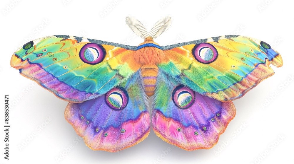 Polyphemus Moth featuring vibrant rainbow spots on its spread wings ...