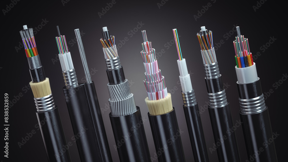 Fiber optical cables structure of different types on black background ...