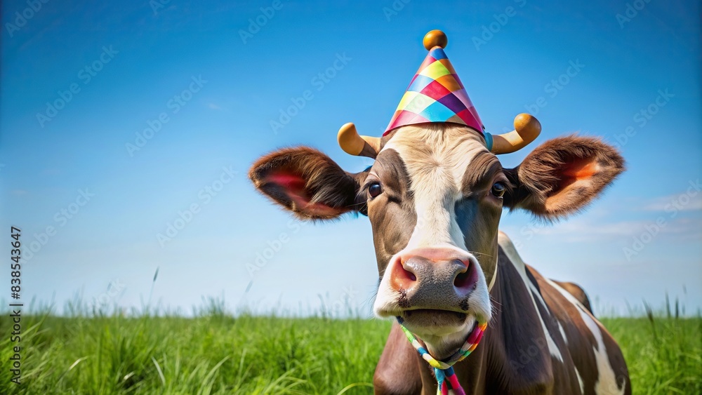Cow wearing a colorful party hat, perfect for birthday card or clipart ...