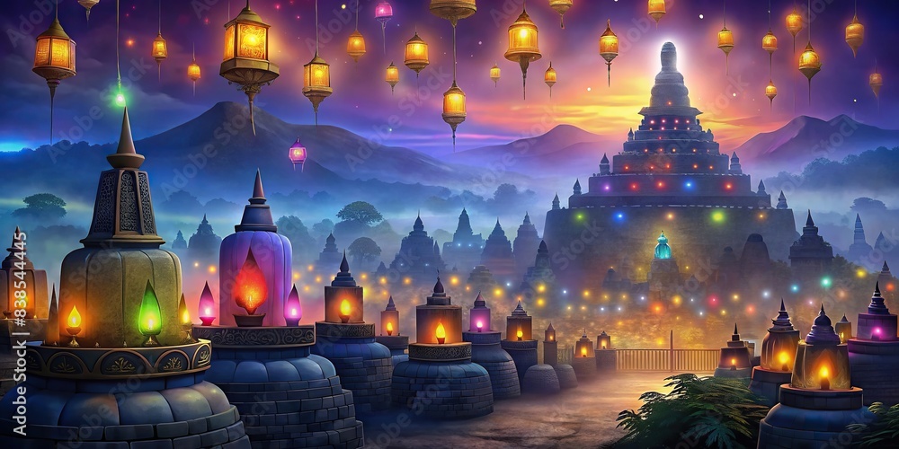 Vesak day celebration at Borobudur temple, with colorful lanterns and ...