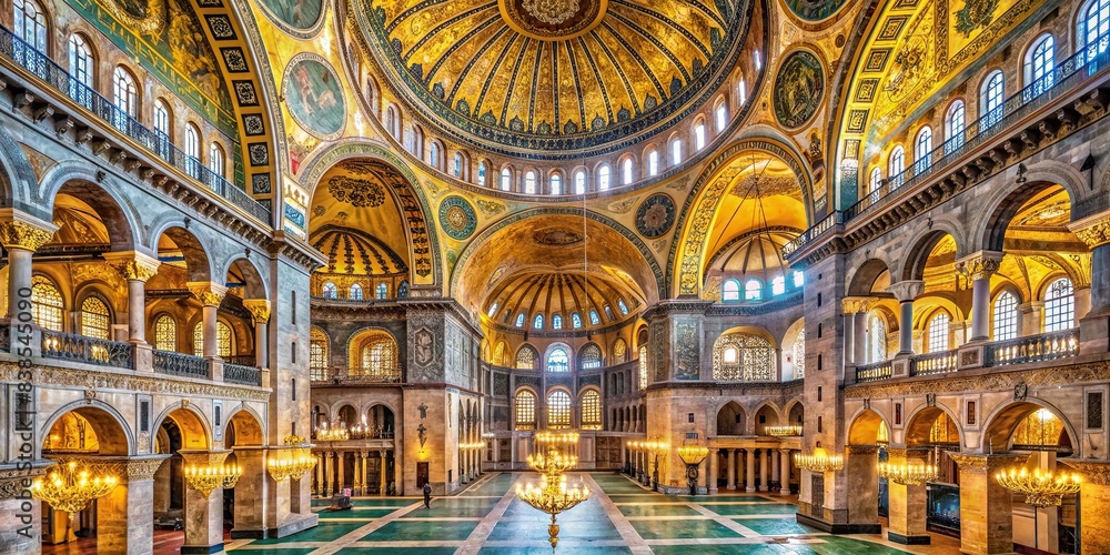 Ornate interior with goldleaf mosaics and frescoes, Hagia Sophia Grand Mosque in a former ...