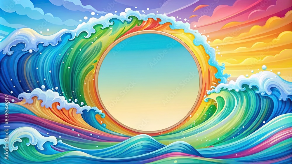 Colorful cartoon wave with empty circle frame on liquid ocean waves ...