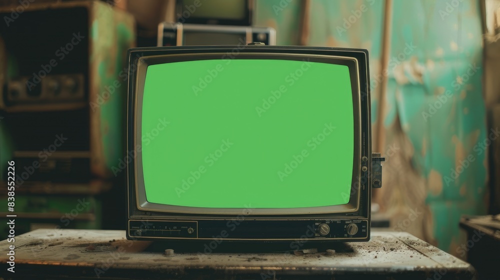 TV Screen Green Screen. Vintage Retro Television with Blank Green ...
