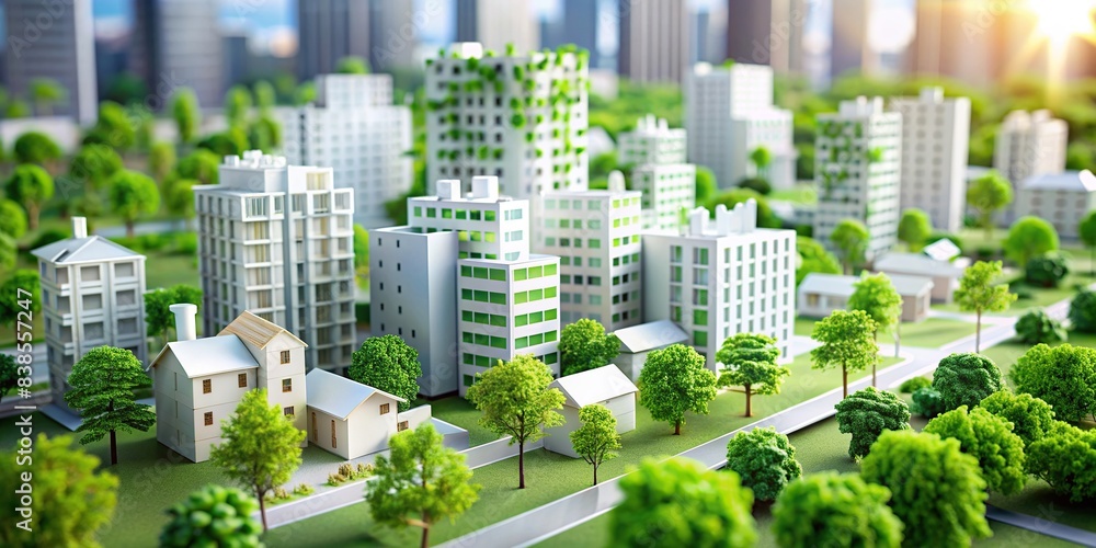 Sustainable green city model with eco-friendly white buildings and small trees made from paper ...