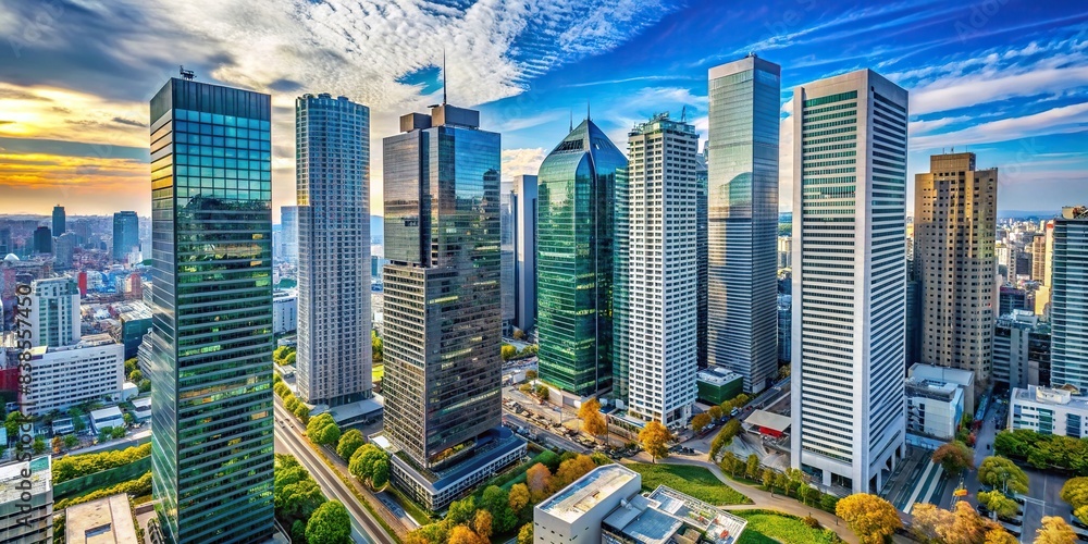 Skyscrapers facades in Minato, Tokyo with modern architectural design ...