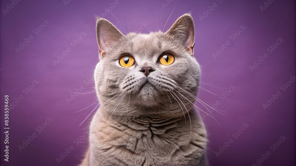 British shorthair lilac cat staring upwards on isolated background with ...