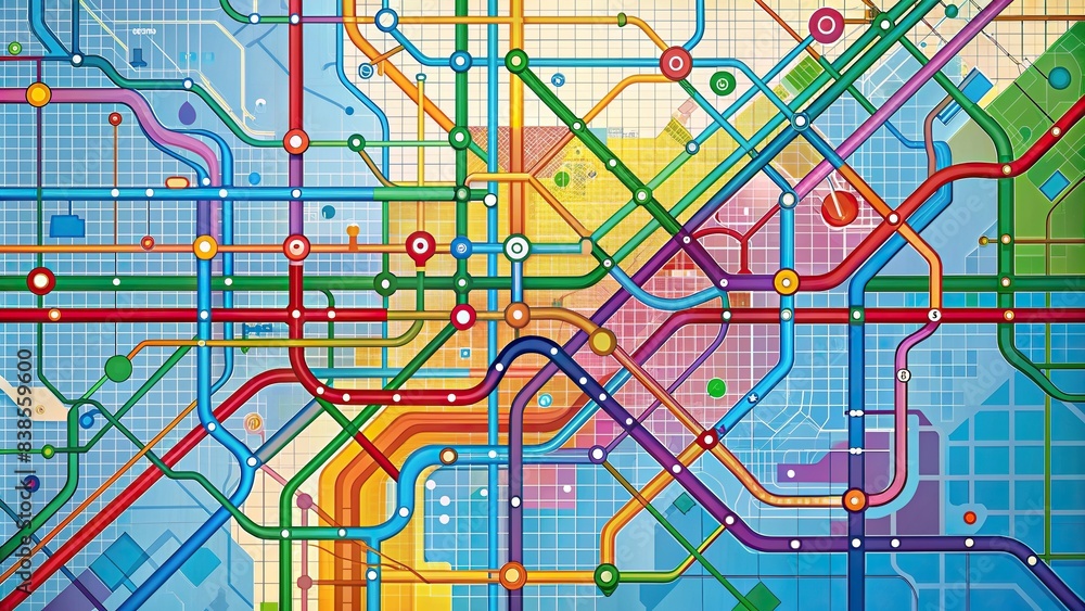 Vibrant urban transit map with colorful routes, public transportation ...