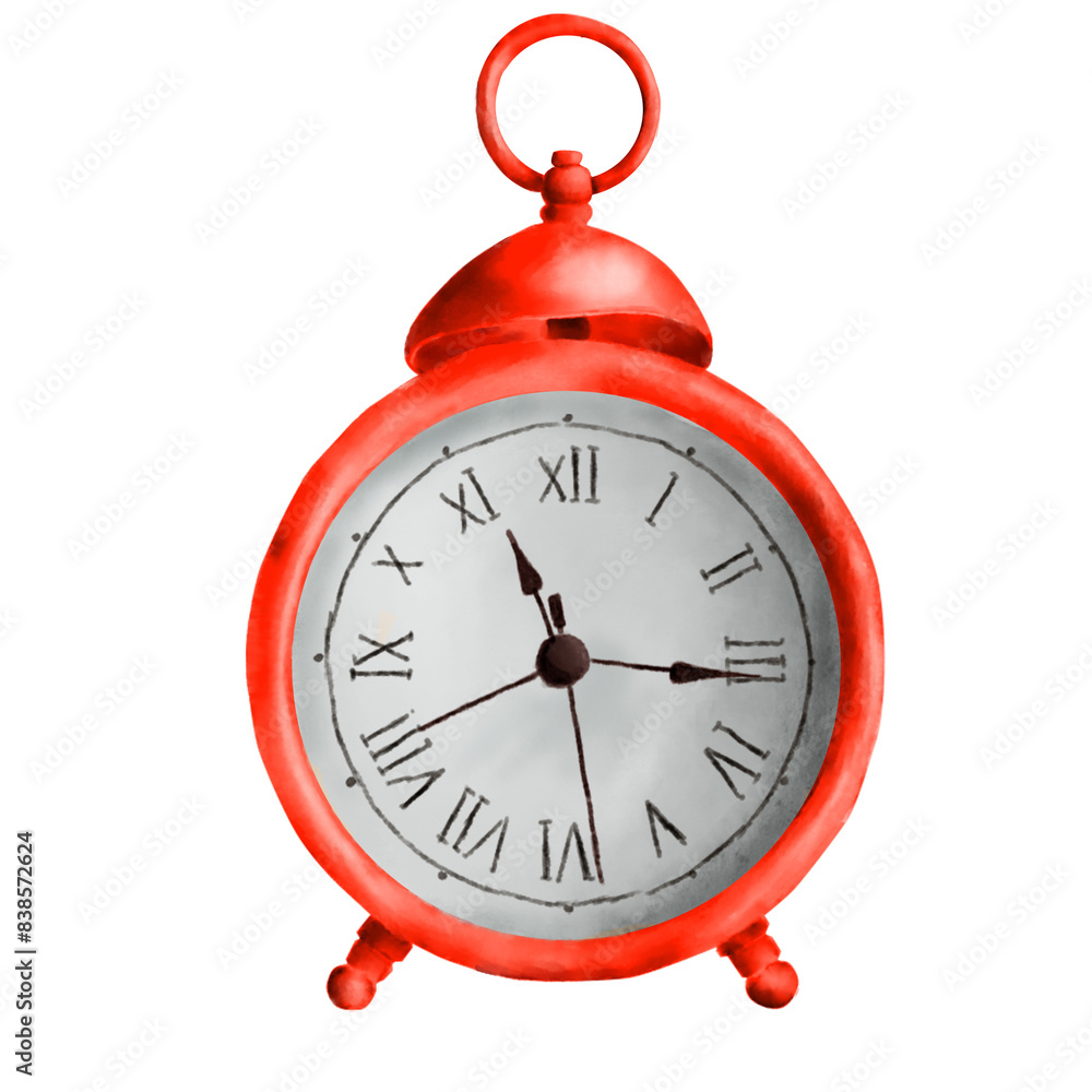 A red round alarm clock on a white background. The school alarm clock ...