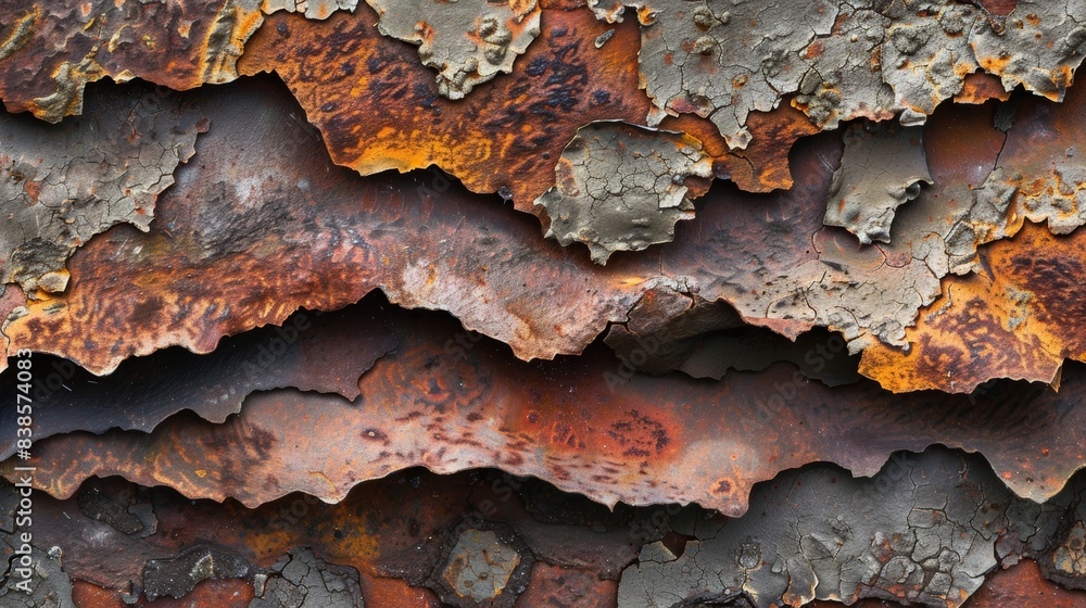 Layers of flaking rust cover the pitted surface of a metal bracket ...