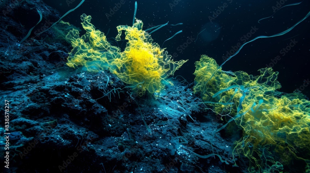 Glowing tendrils of algae reaching out from the ocean floor a brilliant ...