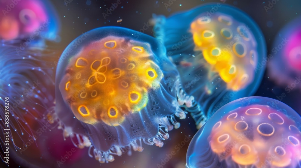 A detailed shot of the jellyfishs illuminated stinging cells ...