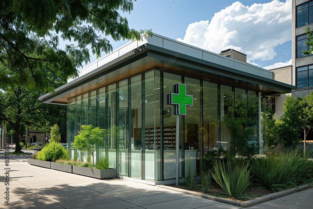 A modern glass pharmacy storefront with a green cross sign in an urban ...