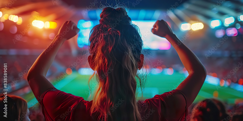 Excited female fan cheering at a sports stadium. Generated by AI. Stock ...