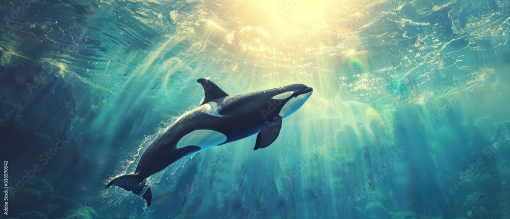 Orca jumps out of the ocean. Orca whale emerges powerfully from the ...