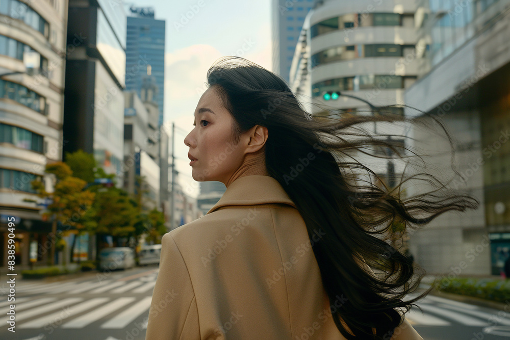 woman with long flowing hair walking down a street. A modern Japanese ...