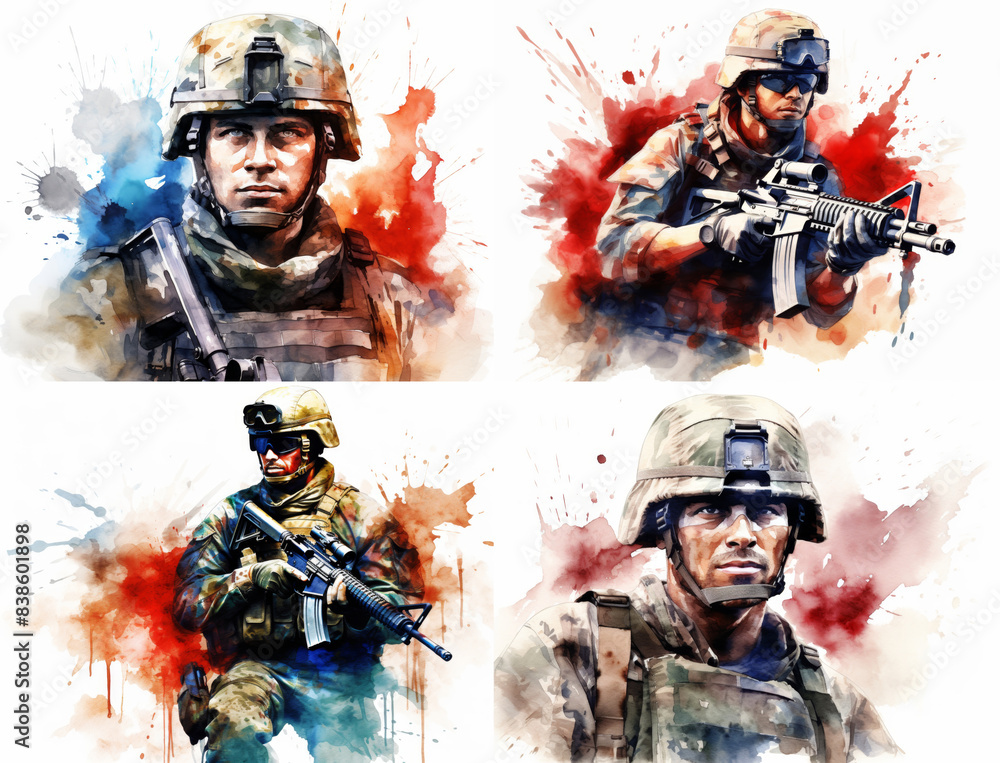 watercolor illustration collection set, 4th of July theme U.S. Army ...