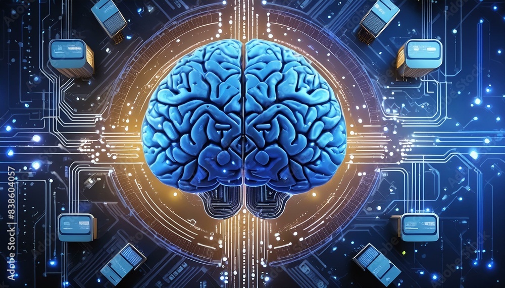 Artificial intelligence brain interface from top view A digital brain ...