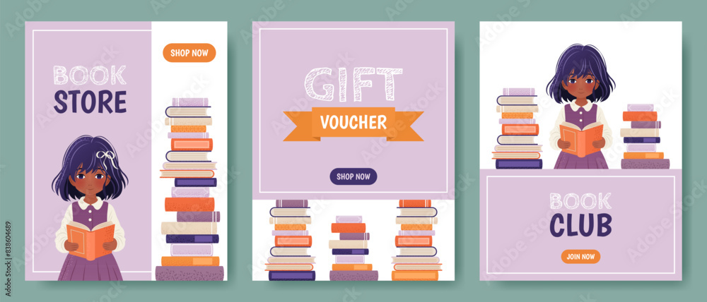 Set of banners for online bookstore, book club, and gift voucher ...