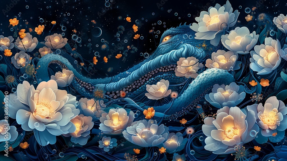 2D flat color image of a kraken entangled in a sea of blossoming ...