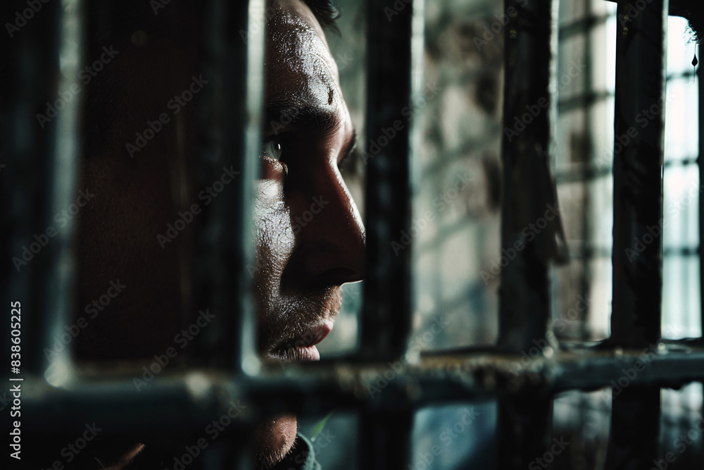 Side profile of a man behind metal bars in a dark prison cell ...