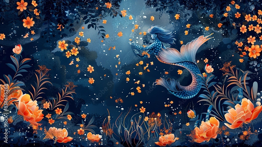 Minimalist 2D flat color design of a merman surrounded by seaweed and ...