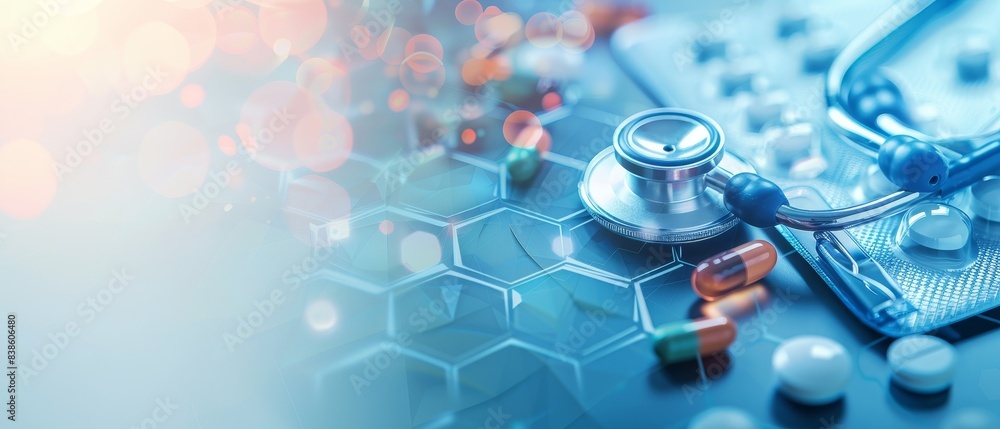 Medical background with capsules, stethoscope, hexagonal grid ...