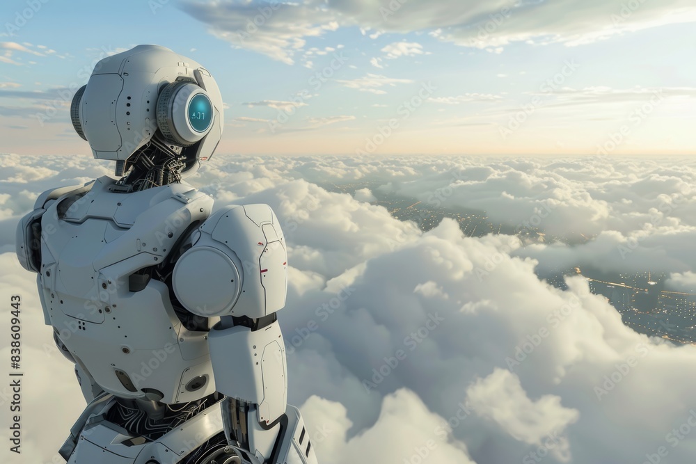 This photo is a rear view of a humanoid robot with a holographic head ...