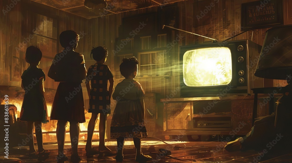 nostalgic scene of children watching retro television in oldfashioned ...