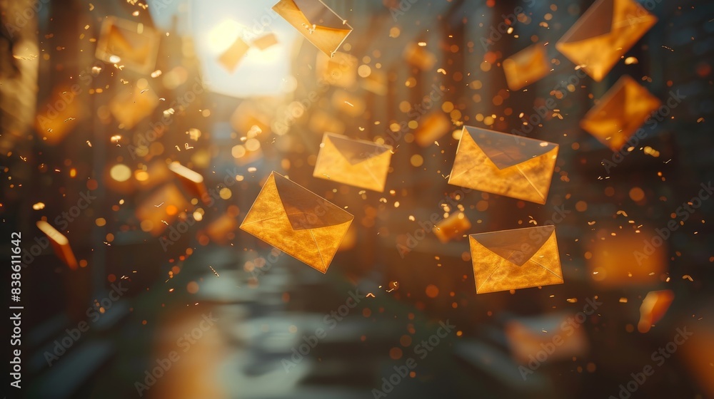 Golden envelopes fly through a cityscape at sunset, creating a sense of ...