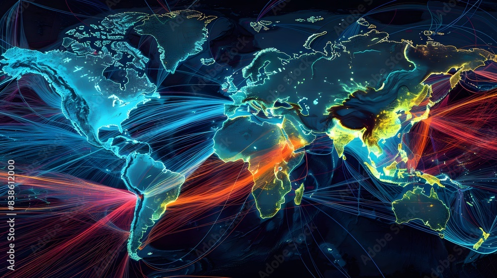 Undersea cable network map visualizing global internet traffic flows ...