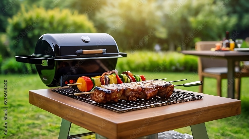 BBQ stove with wooden table and on top BBQ Pisces in Tray in summer ...