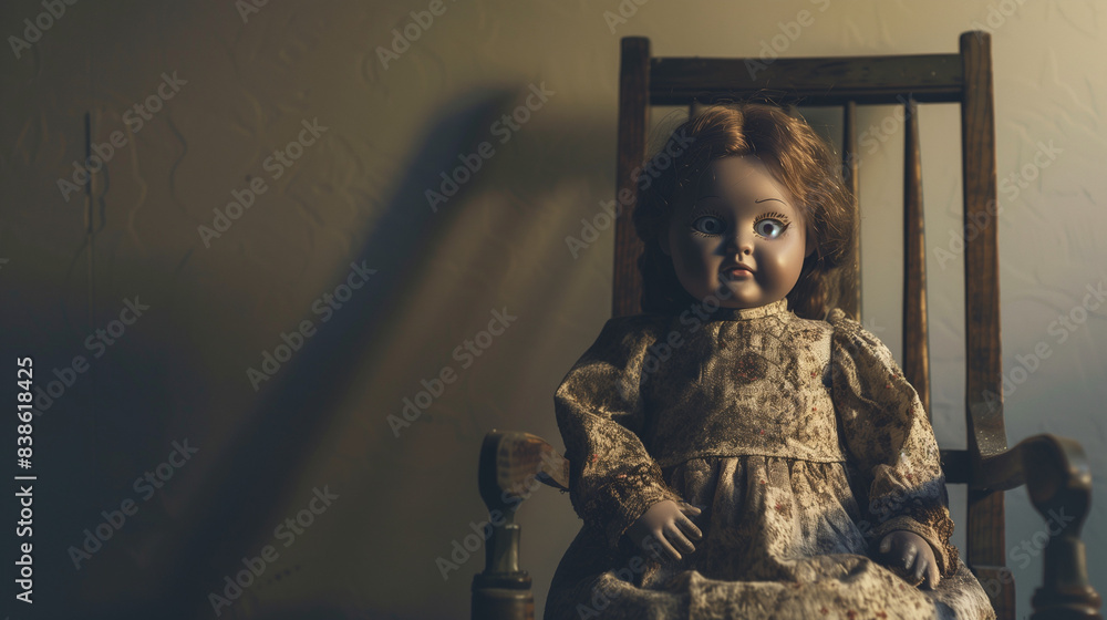 A single, old-fashioned doll sitting on an antique wooden chair against ...