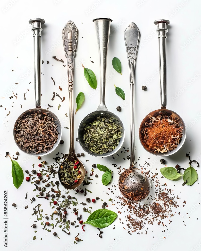 Different types of tea leaves and infusers on a white background ...