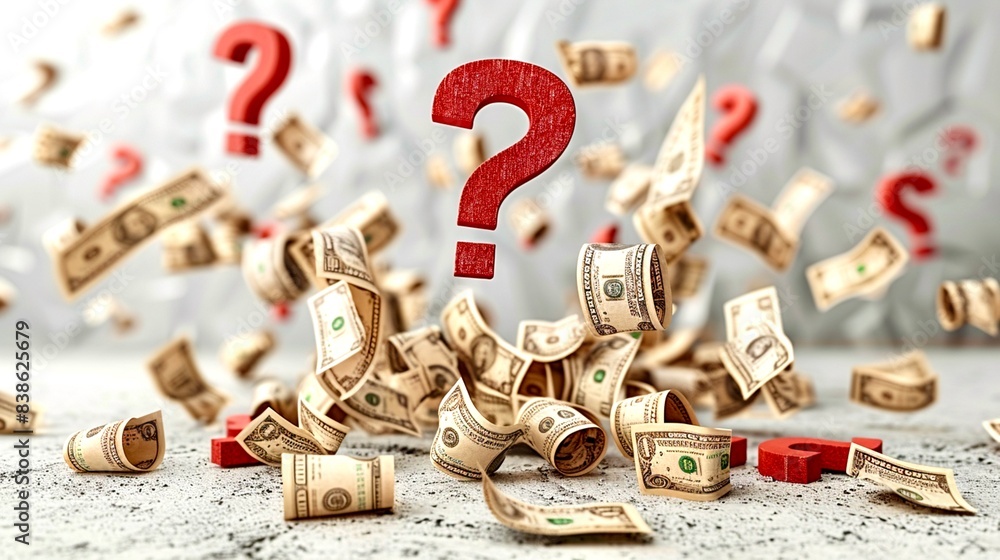 banknotes flying down and red question marks flying between them Stock ...