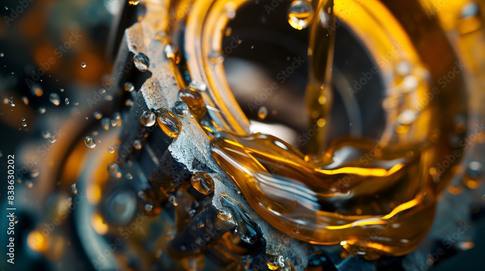 Industrial Gear In Motion With Splashes Of Lubricant Oil, Dynamic Close ...