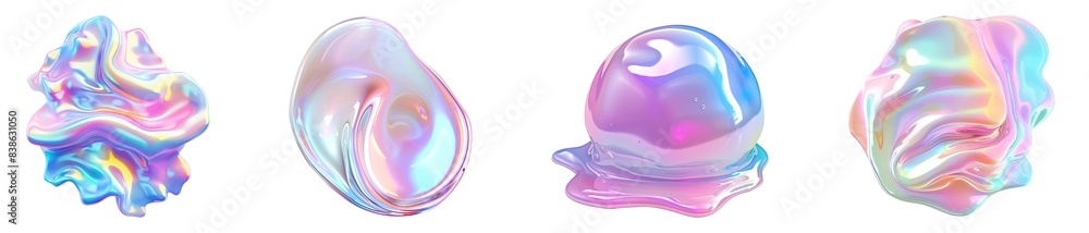 Set of 3D Iridescent holographic liquid fluid shape blob with colorful ...