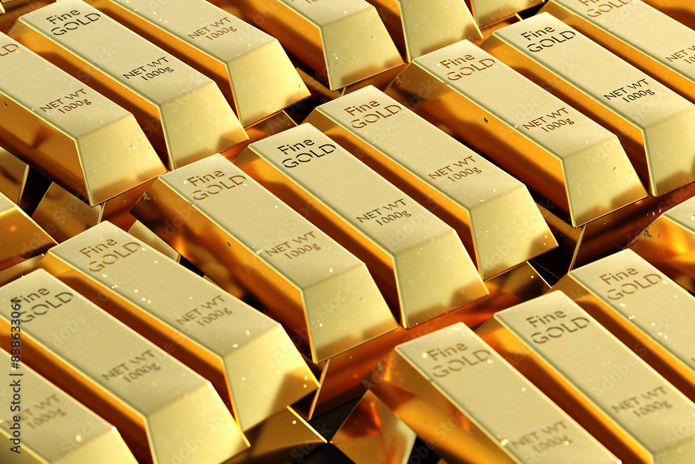 Gold background. Aurum metal ingots. Pile of pure gold. Golden backdrop ...