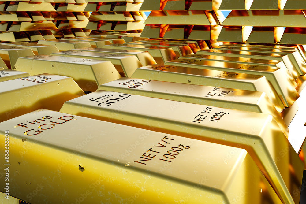 Gold warehouse. Expensive golden metal in bars. Bank reserves inside ...