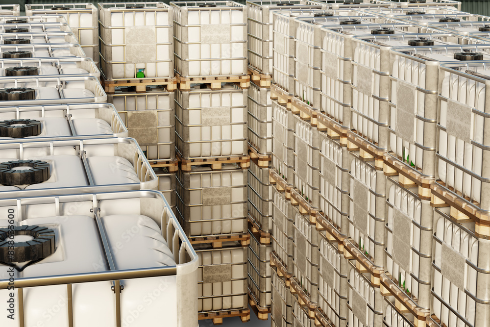 Warehouse with plastic barrels. Liquid reservoirs are stored on pallets ...