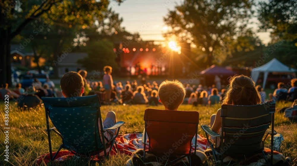Families and friends enjoying an outdoor concert on a warm evening ...