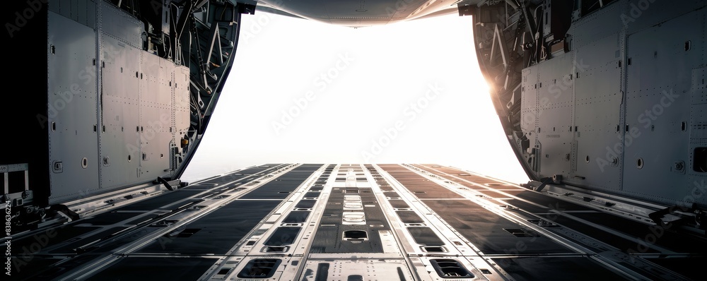 Inside view of an aircraft cargo hold with the ramp door open ...