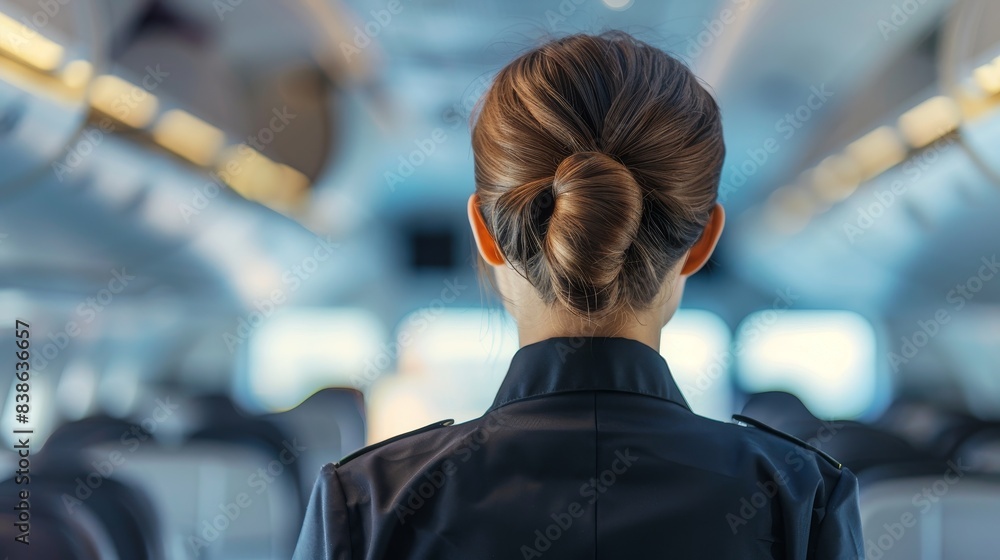 Rear view of a flight attendant standing inside an airplane, showcasing ...
