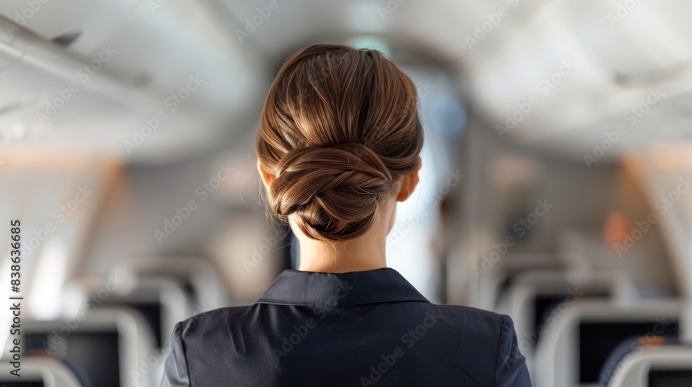 Rear view of a flight attendant with a neat bun hairstyle standing in ...